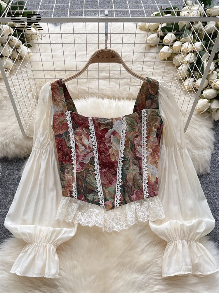 Singreiny Patchwork Lace Shirt Women Autumn Elegant Elastic Waist