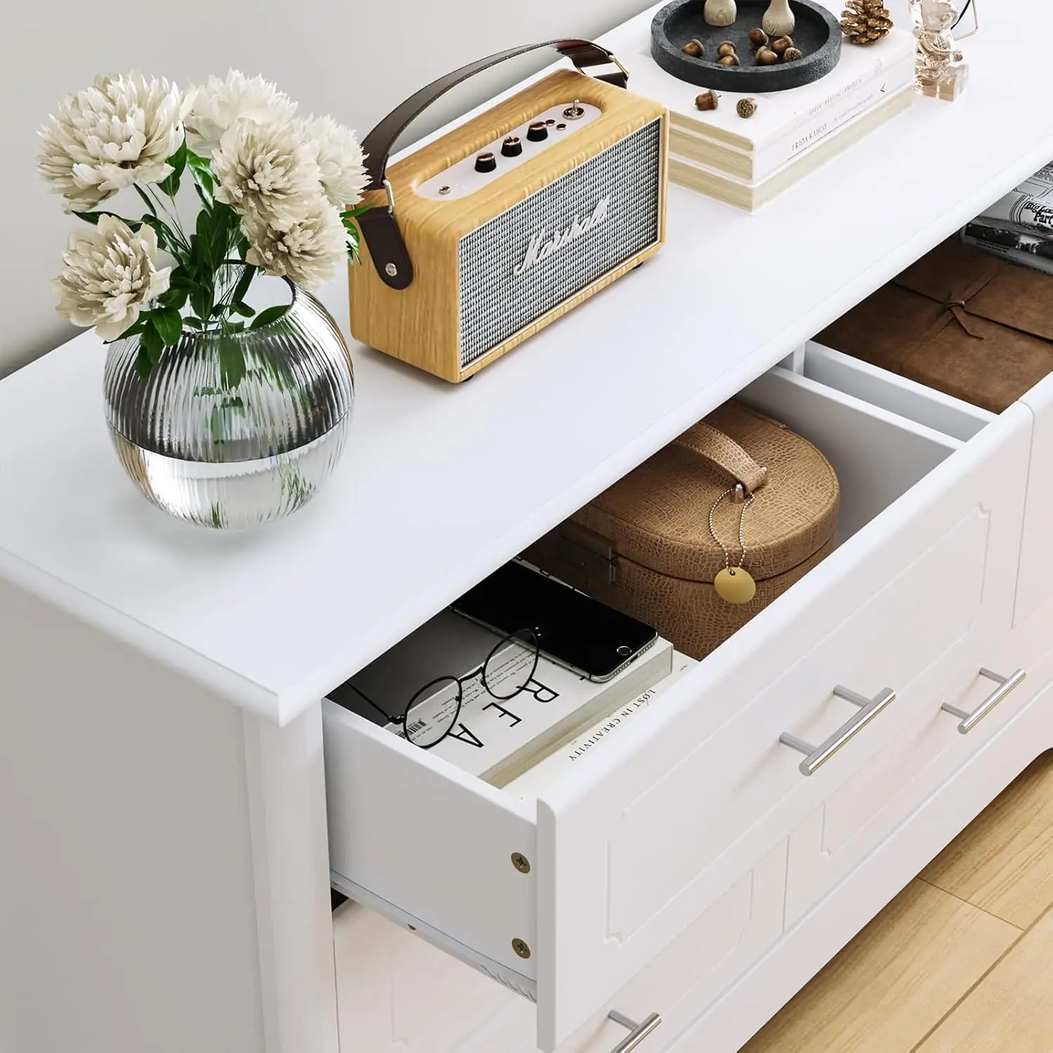 6 Drawer Dresser, Modern White Wide Chest of Drawers with Metal Handel ...