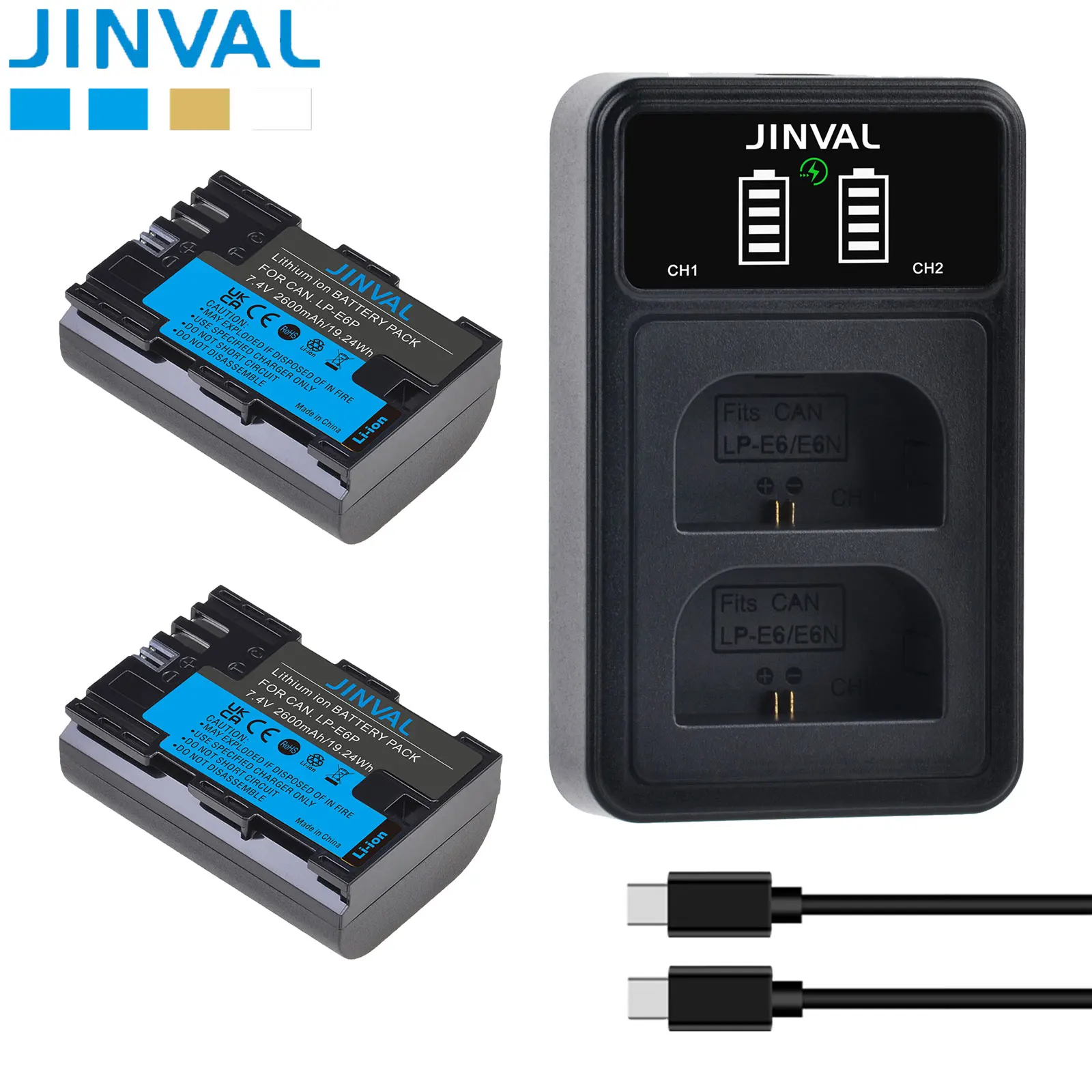 JINVAL LP-E6P Battery 2600mAh LP E6 E6N Replacement Batteries + PD20W ...