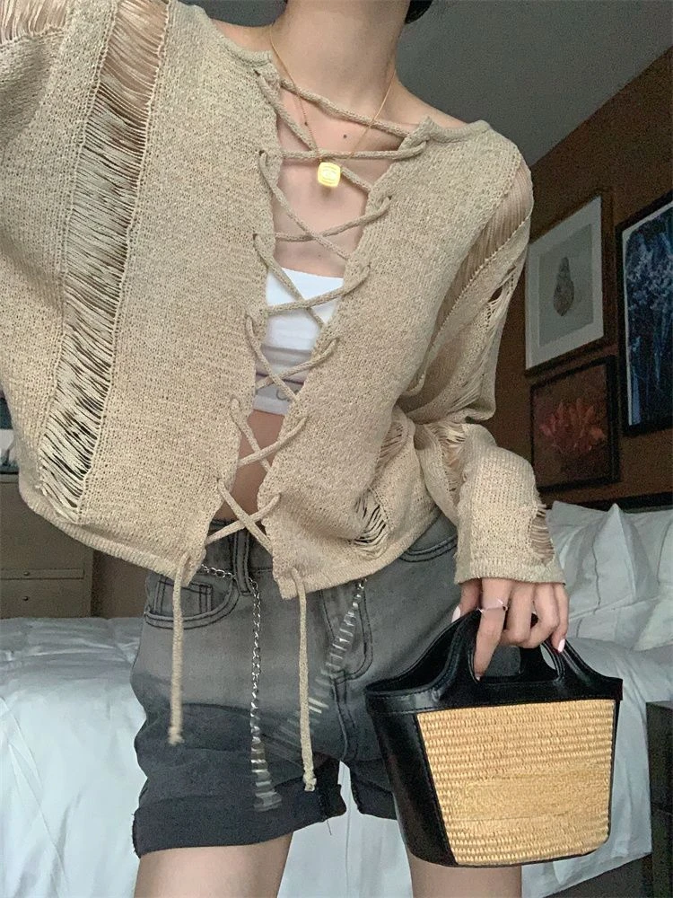 Y2K Holes Knitted Cardigans Two Side Wear Retro Harajuku Cute Prepply Jumpers Women Full Sleeve ...