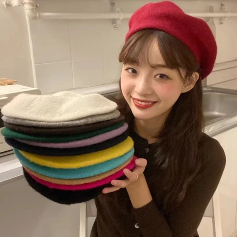Chic Vintage Warm Woolen Plain Beret Hat Colorful Painter Berets Milk ...