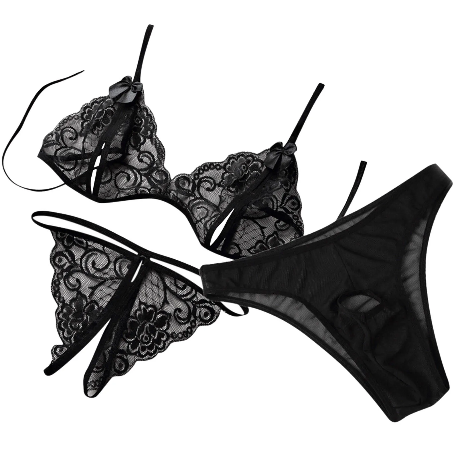 Couple Sexy Underwear Set Open Black G-string Bra And Panty Women Sets ...