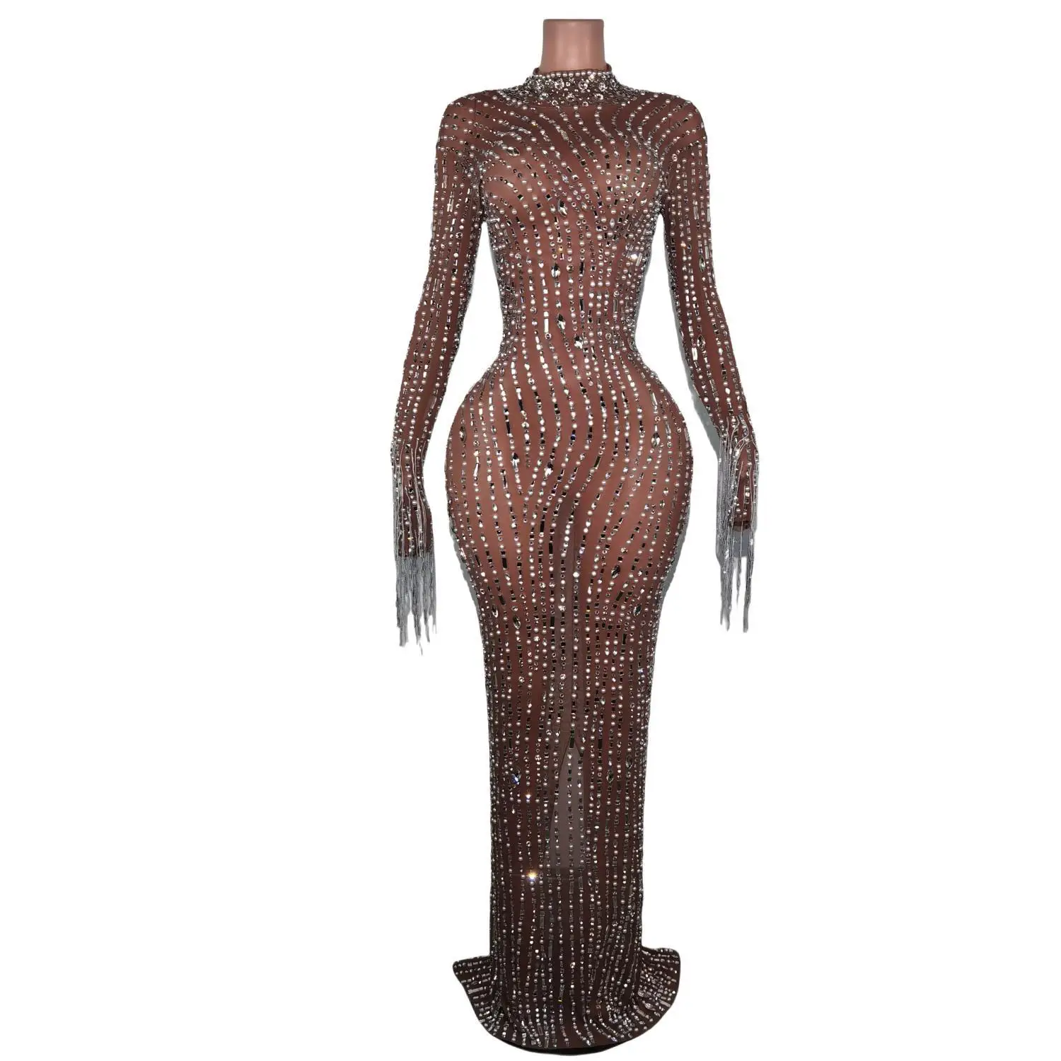 2024-Silver-Rhinestones-Spandex-Dress-Women-Birthday-Celebrate-Outfit ...