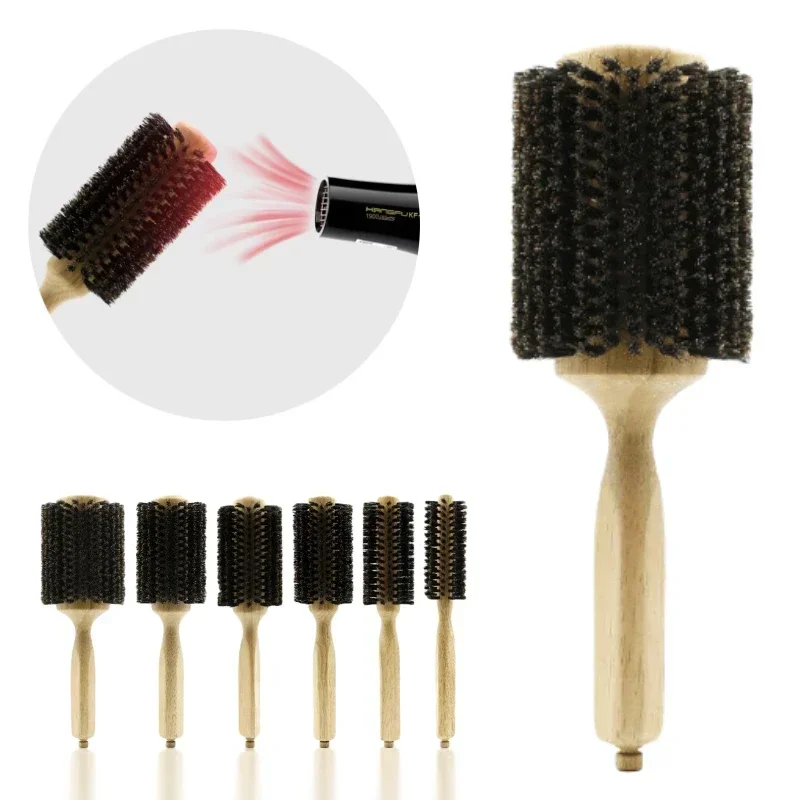 6 Sizes Wood Handle Boar Bristles Round Brush Removable Tail ...