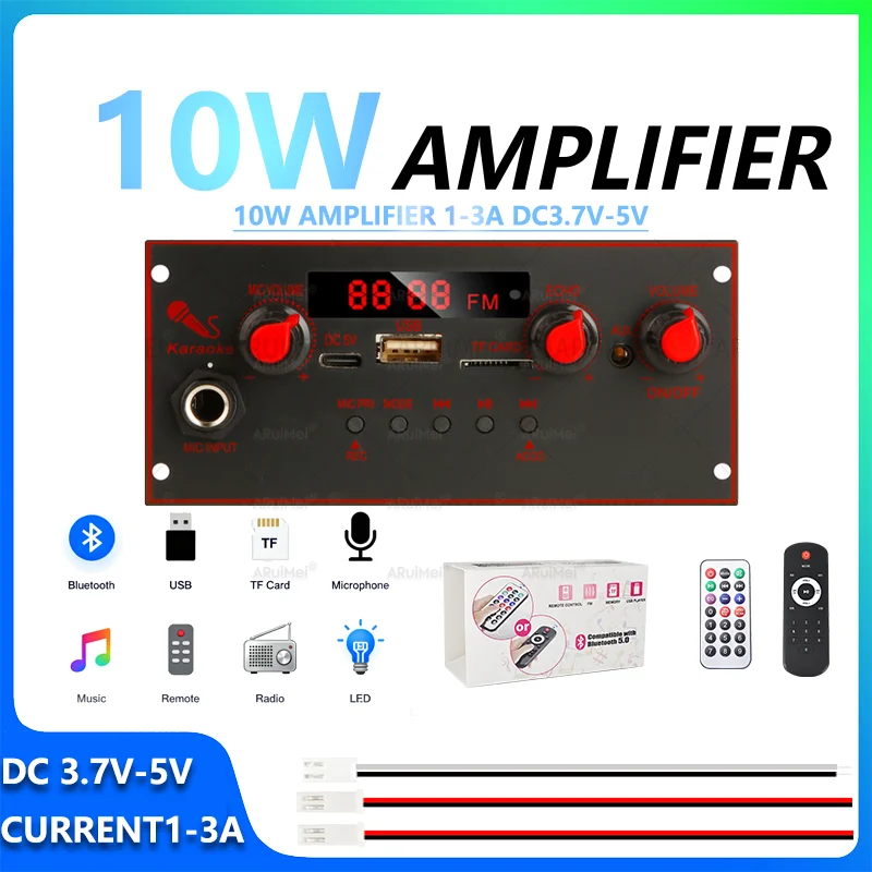 10W Bluetooth Amplifier Kit with Remote, Display & Power Cable DC 3.7 ...