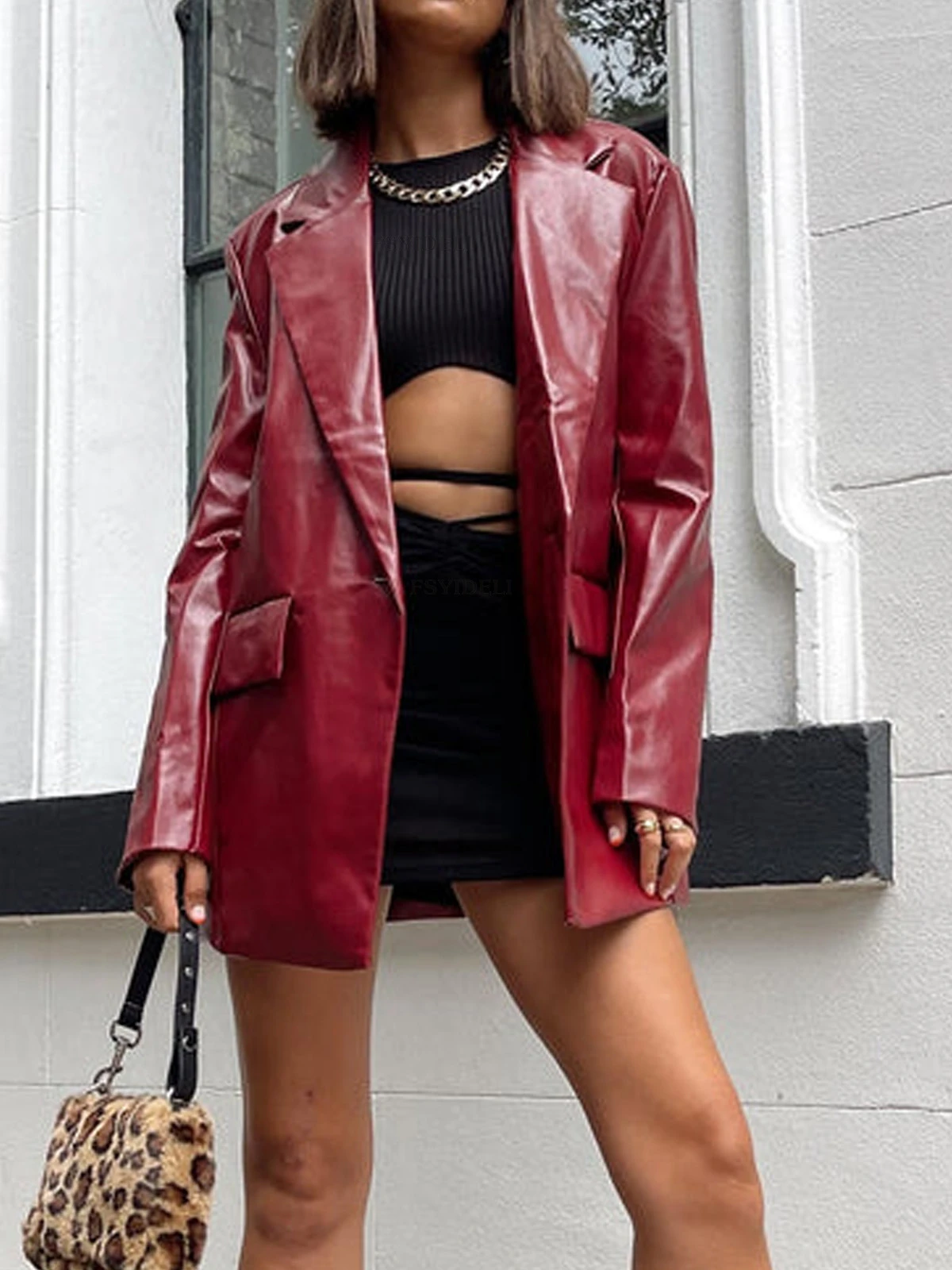 Blazer-en-cuir-manches-longues-pour-femmes-Streetwear-f-minin-Veste-monochrome-Bouton-unique-D ...