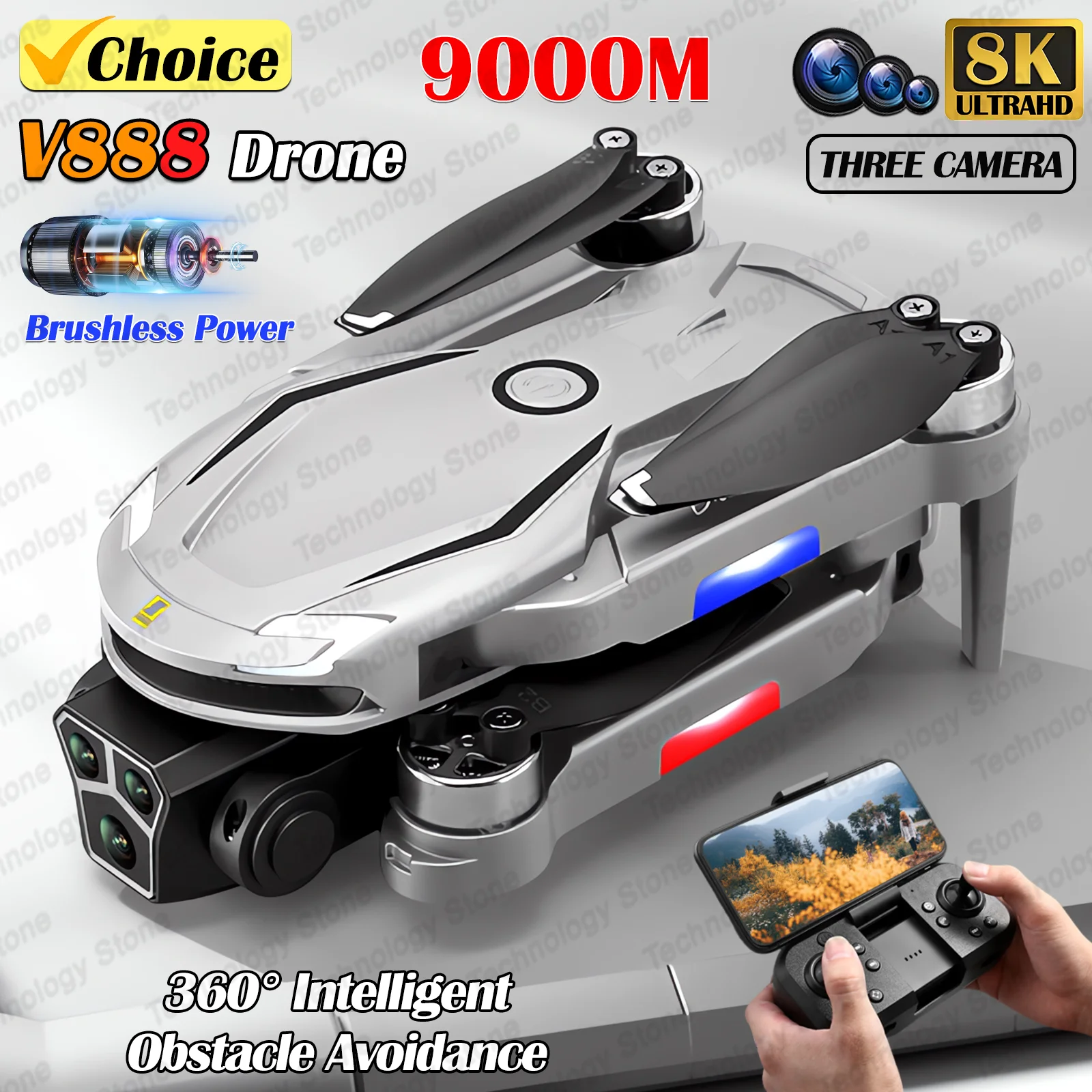 QJ-V888-Brushless-8K-Drone-4K-Professional-Triple-Camera-Obstacle-Avoidance-No-GPS-Optical-Flow ...