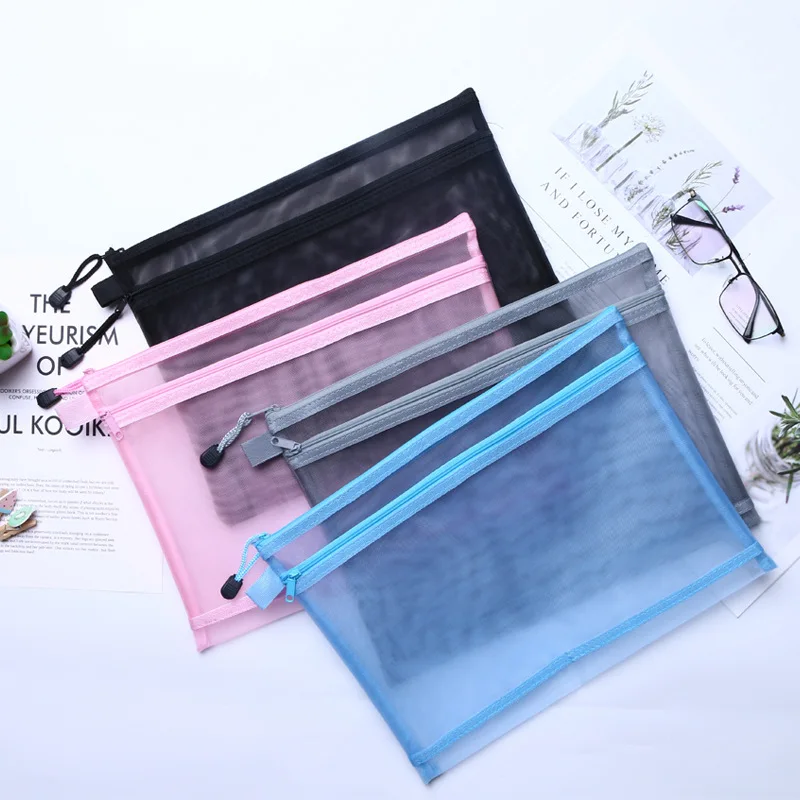 A4 A5 A6 Portable Double-layer Mesh Zipper File Bag Transparent Student ...