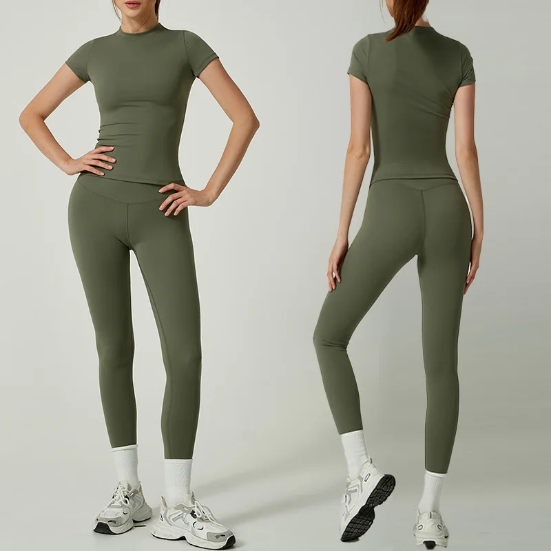 Two Piece Set Short Sleeve/Long Sleeve Fitted Top High-Waisted Leggings ...