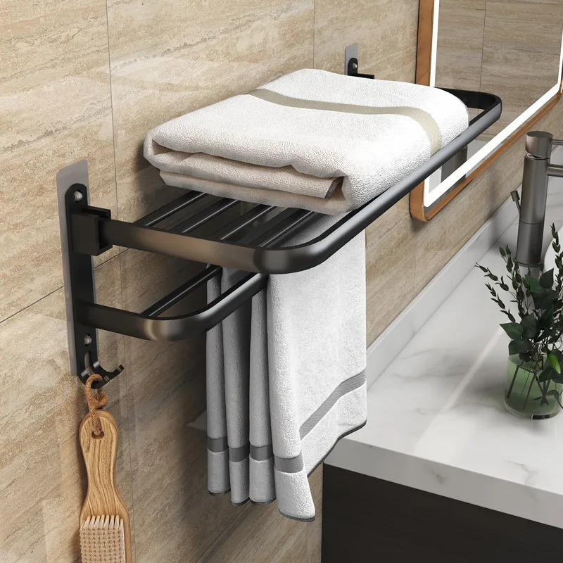 Black-Bathroom-Shelves-Without-Drilling-Towel-Rack-Movable-Towel-Holder ...
