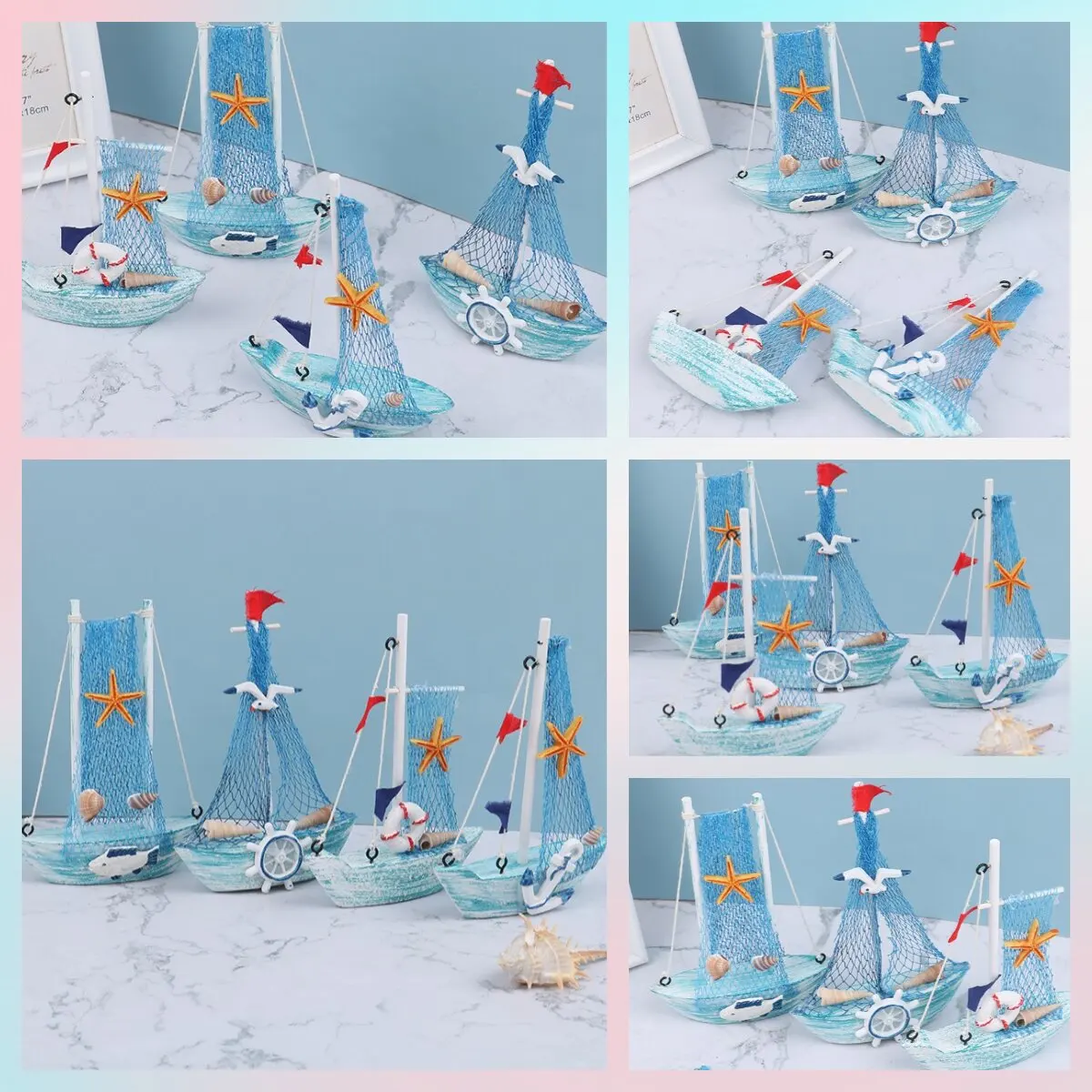 1pc Mini Mediterranean Style Marine Nautical Wooden Blue Sailing Boat ...