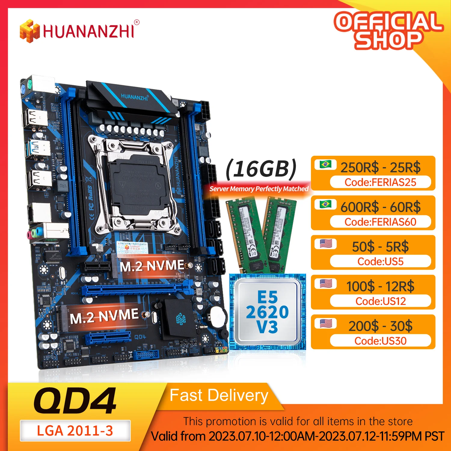 Placa-mãe HUANANZHI X99, QD4 LGA 2011-3, Placa-mãe Xeon X99 com Intel E5 2620 v3, 2x8G DDR4 RECC ...