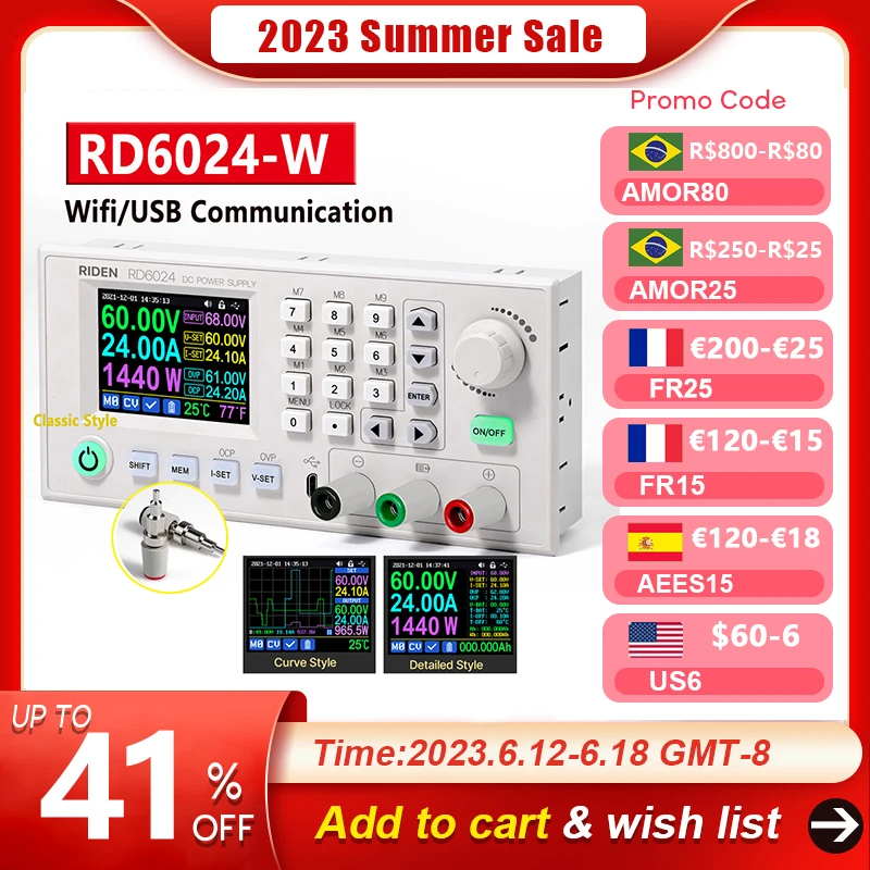 RD6024 RD6018 60v 24A usbカラーディスプレイ画面dc調整可能なステップダウン電圧ベンチ電源降圧コンバータデータ収納 ...