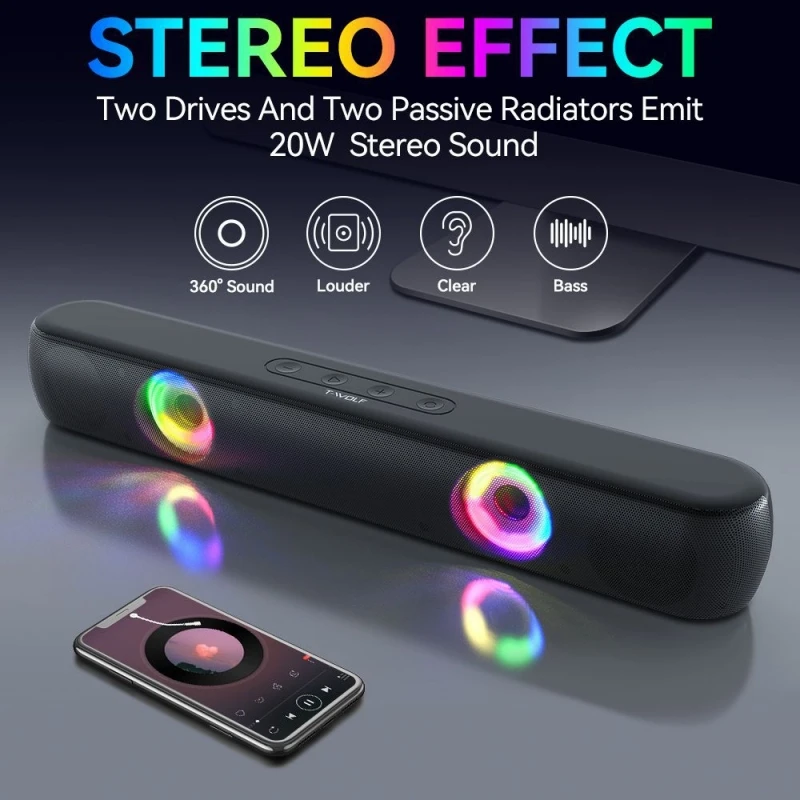 T-WOLF Long Strip RGB Luminous Wireless Bluetooth Speaker B320 Game ...