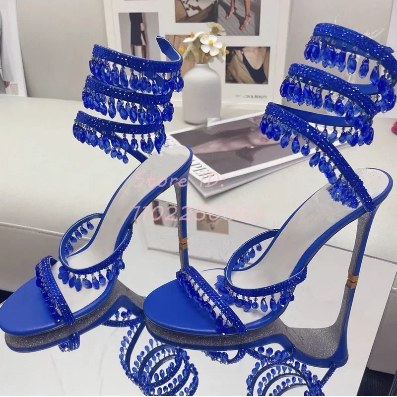 Snake-shaped Crystal Tassel Stiletto Sandals Open-toed Winding Pendant ...