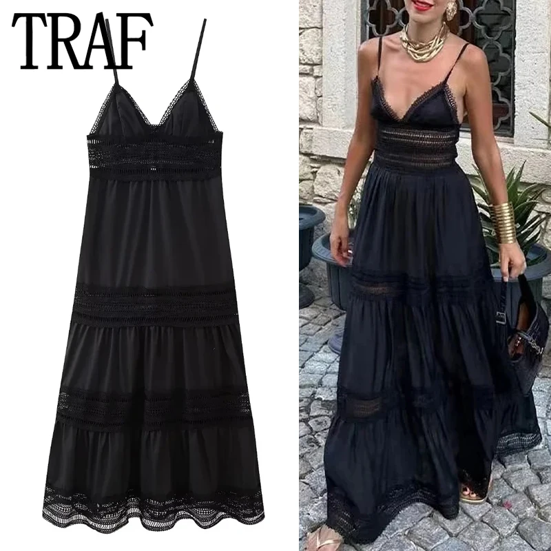 TRAF-Vestido-largo-de-encaje-para-mujer-traje-Sexy-sin-mangas-fruncido ...