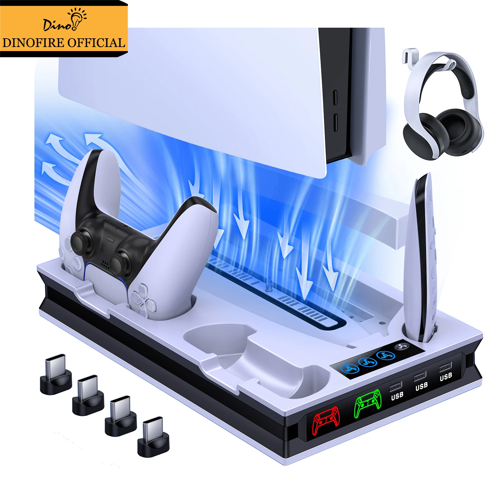 Dinofire-PS5 스탠드 냉각 팬, 플레이스테이션 5 용 듀얼 고속 충전 스탠드, 컨트롤러 충전 스테이션, 추가 USB 포트 3 개