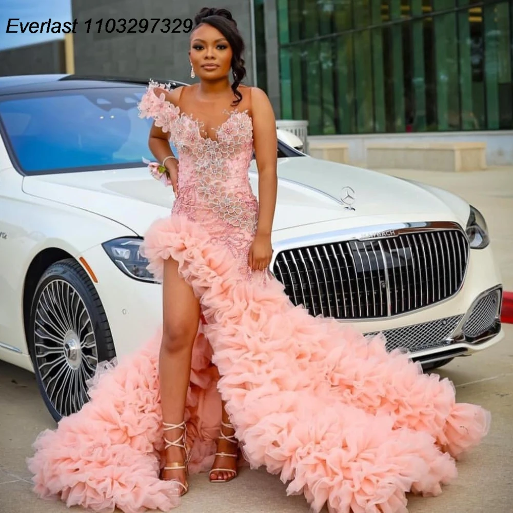 EVLAST Customized Pink Ruffles Mermaid Prom Dress For Black Girls High ...