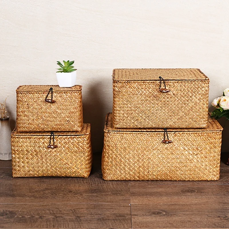 Seaweed Storage Basket Hand-woven Storage Box with Lid Sundries ...
