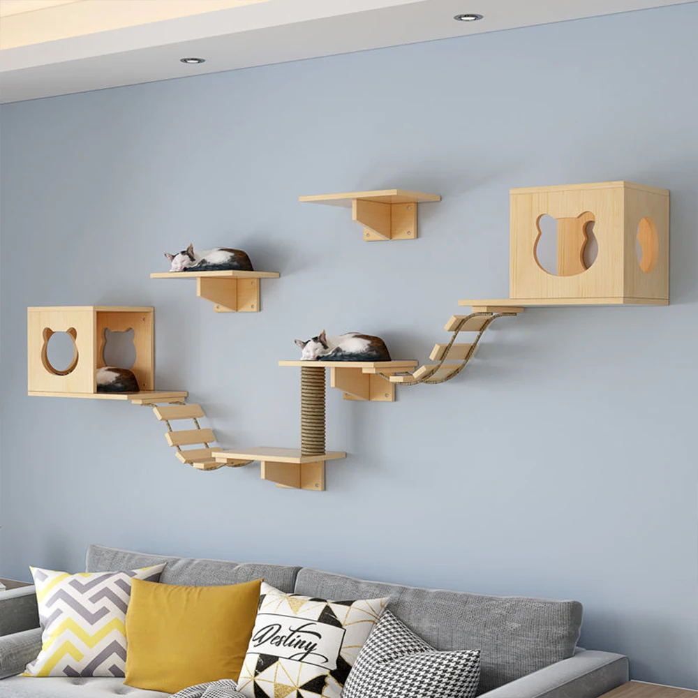 Wall-Mounted-Cat-Climbing-Frame-Post-Solid-Wood-Jumping-Platform-For ...