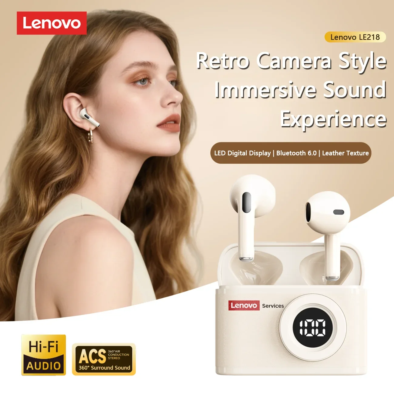 Lenovo LE218 Retro Leather TWS Wireless Bluetooth Earphones Earbuds LED ...