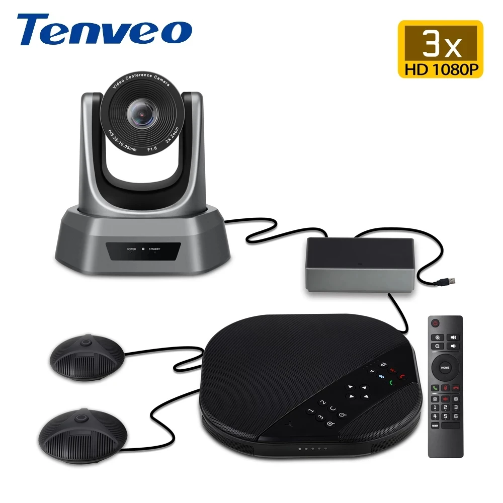 Tenveo VA2000E 올인원 화상 회의 솔루션 3 배 줌 스피커폰 및 허브가있는 USB 카메라는 2 개의 확장 마이크에 ...