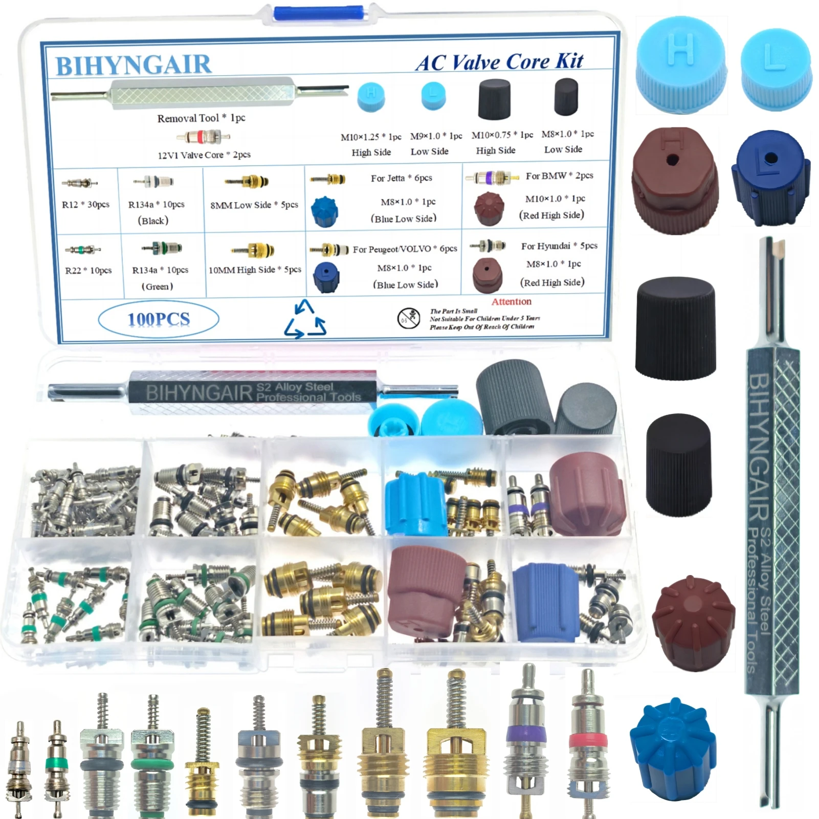 100Pcs Car Air Conditioner Valve Core Assortment Kit, Automotive A/C ...