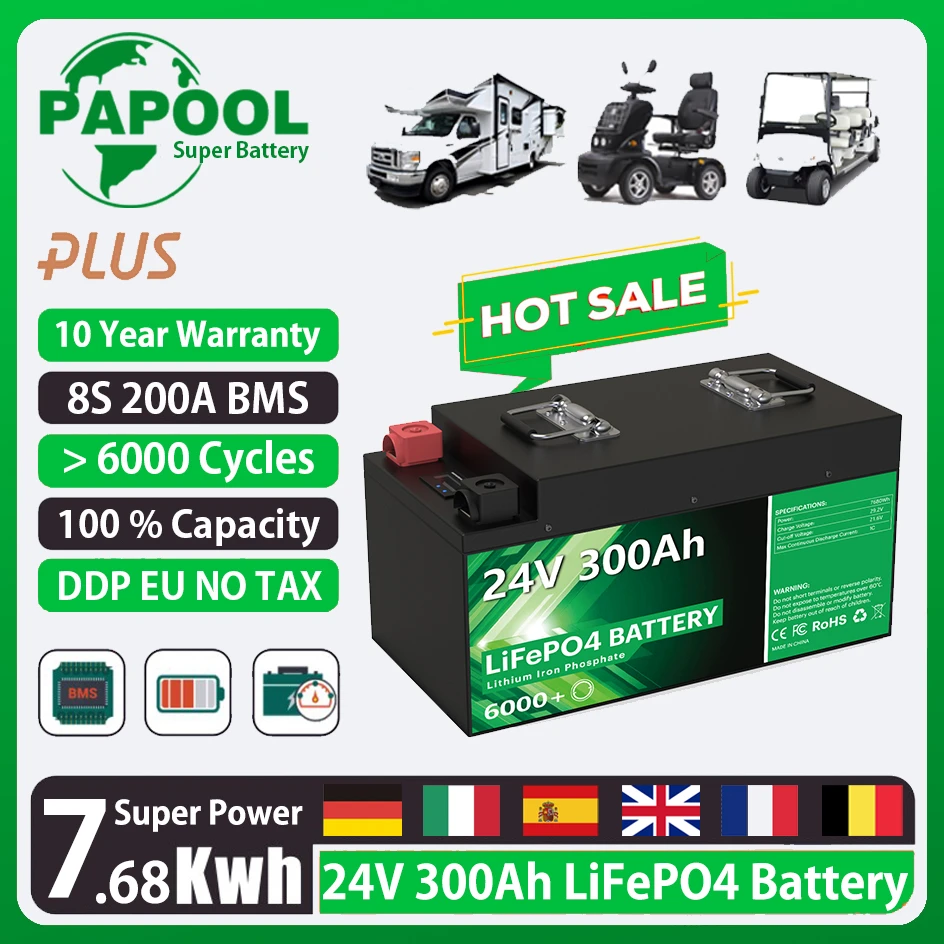 LiFePO4 24V 300Ah 200Ah 100Ah akumulator 6000 cykli 25.6V 7680Wh 8S ...