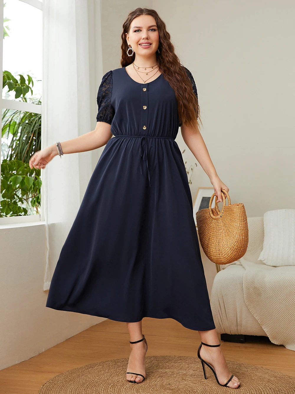 2022 New Women Plus Size Dress Solid Blue Larges Big Plussize ...