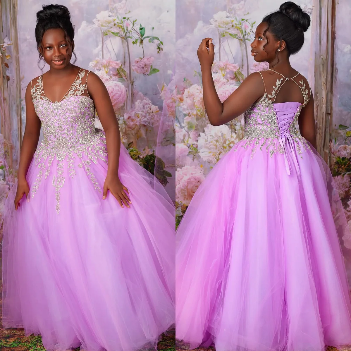 Lilac Girl's Birthday Party Dresses Customized Beading V Neck Flower ...