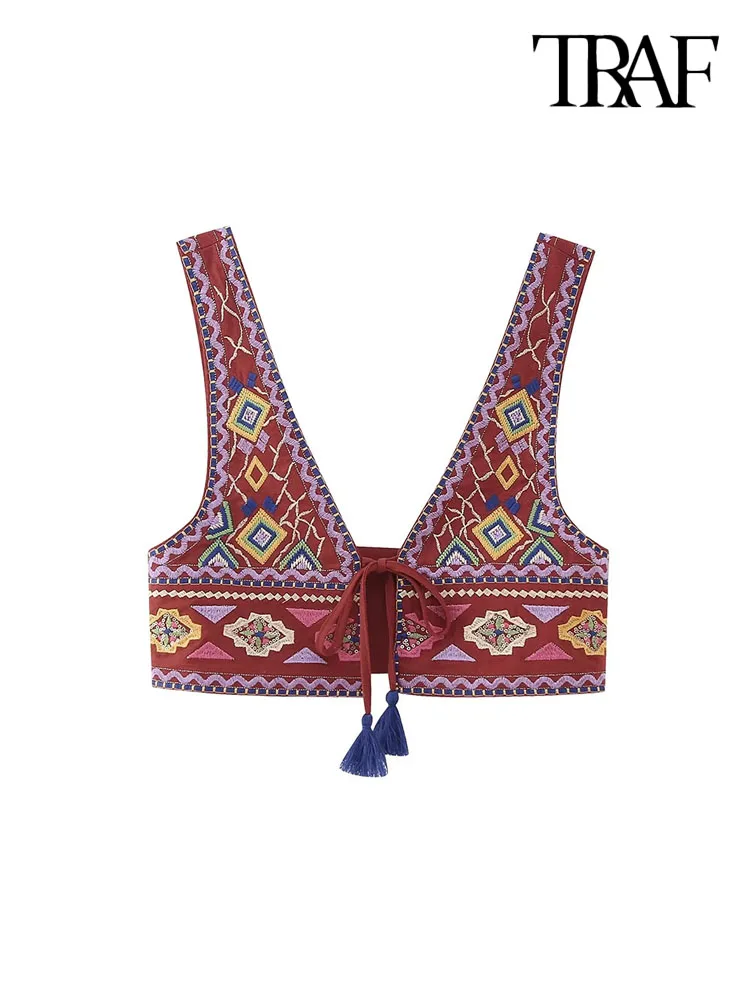 TRAF-Tops-de-regata-bordados-com-borla-amarrada-feminino-gola-V-sexy-al ...
