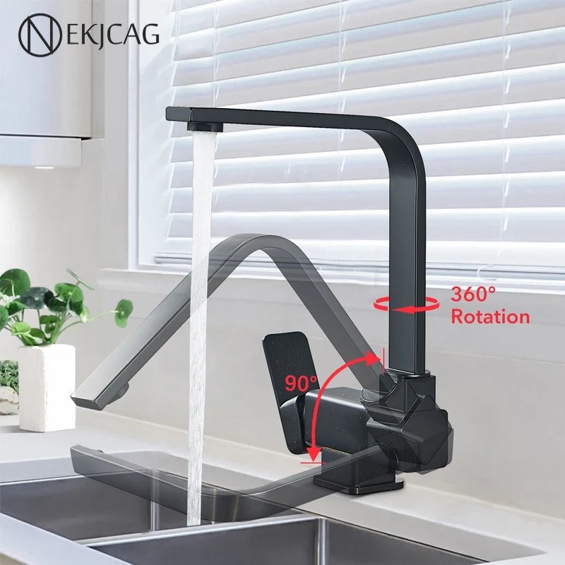 Black-Kitchen-Faucet-360-Rotating-Fold-Hot-Cold-Water-Mixer-Tap-Deck ...