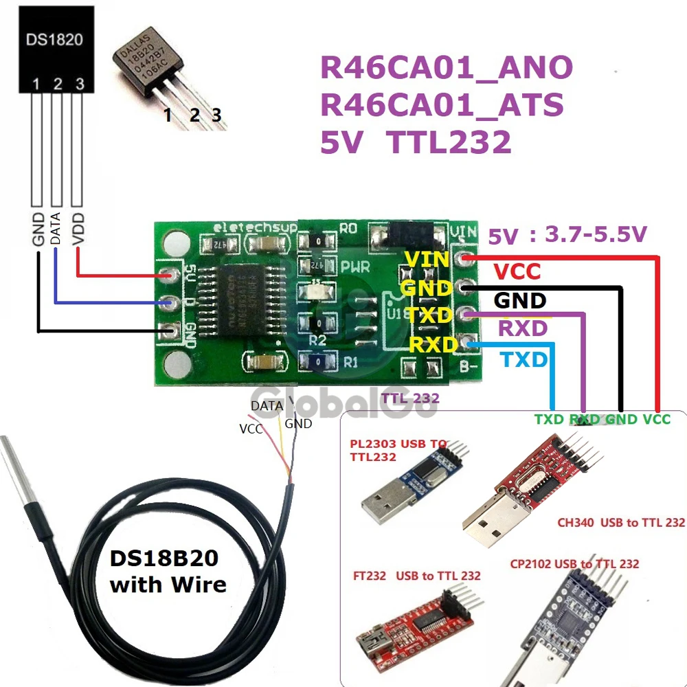 DS18B20 RS485 RS232 TTL Com UART Temperature Sensor Board Temperature ...