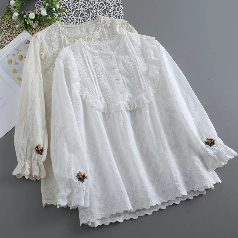 Spring-Autumn-Embroidered-Cotton-Blouse-Women-Clothing-White-Apricot ...
