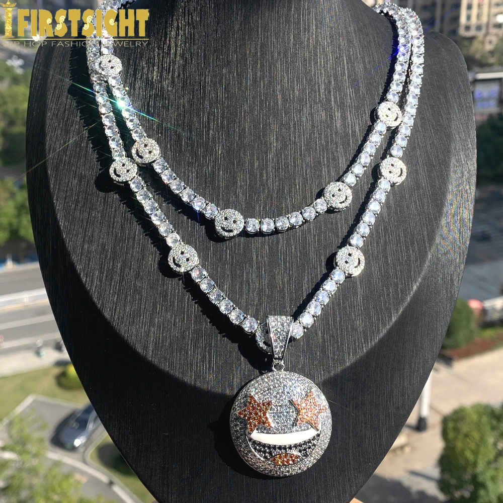 New Iced Out Bling Star Eye Smile Face Pendant Necklace Silver Color ...
