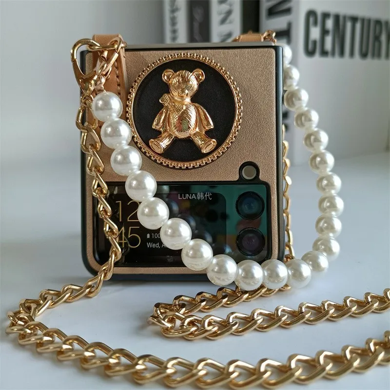 Funda-de-cuero-PU-con-soporte-de-oso-dorado-para-Samsung-Galaxy-Z-Flip ...