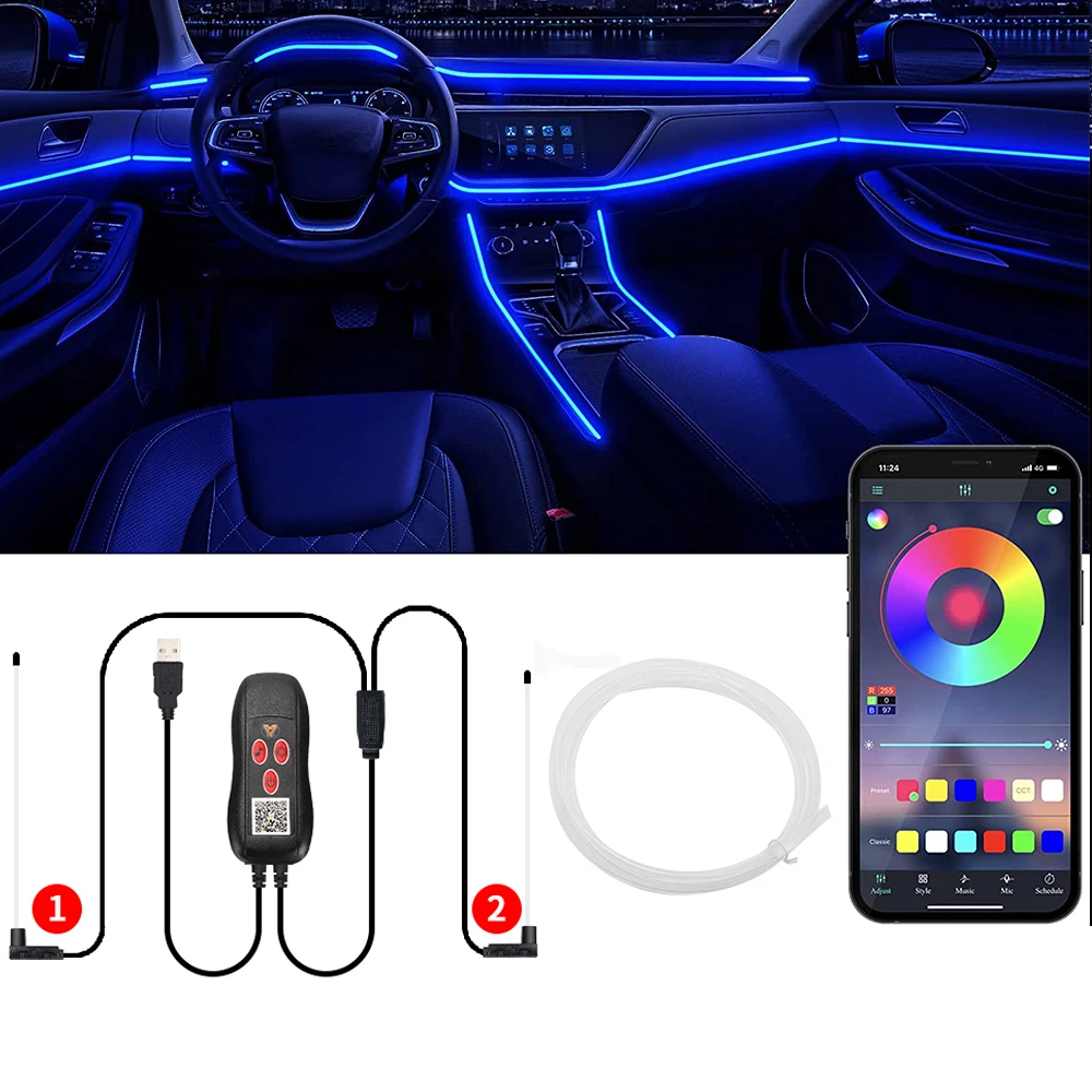 Usb 자동차 인테리어 조명 64 색 광섬유 스트립 다중 모드 앱 음악 제어 Rgb 장식 엠비언트 램프 네온 라이트 차량용