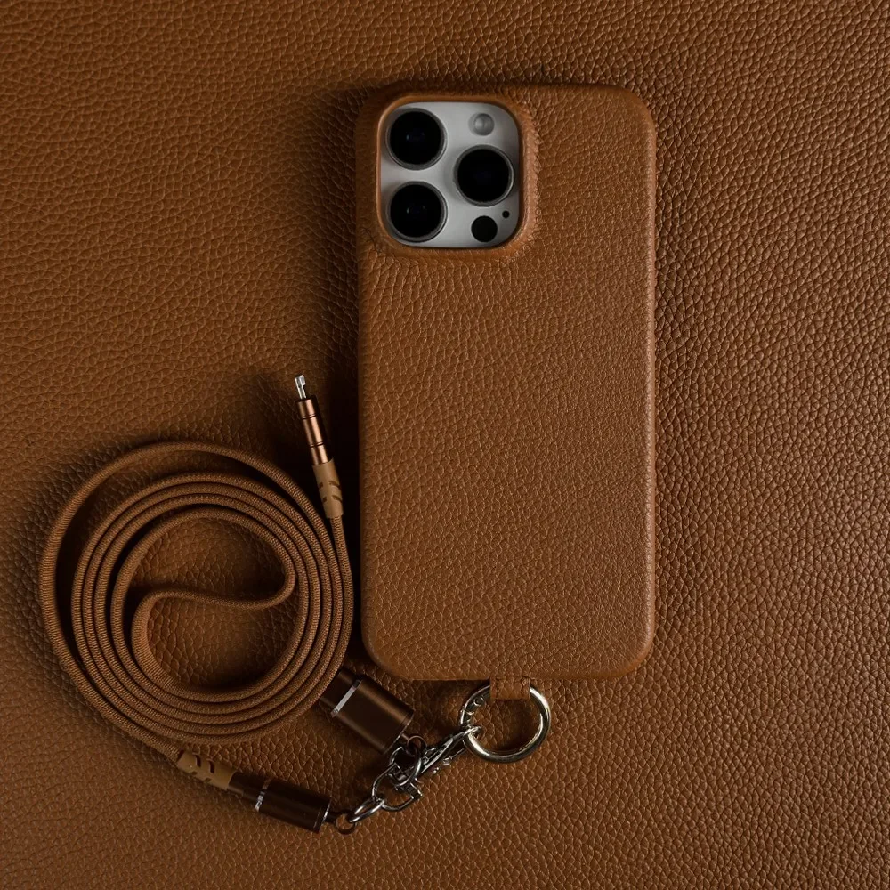 Luxury USB Charging Cable Genuine Leather Case For iPhone 16 Pro Max ...