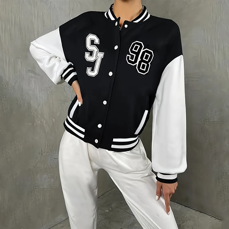Women-Baseball-Jacket-Round-Neck-Color-Blocking-Design-Street-Fashion ...