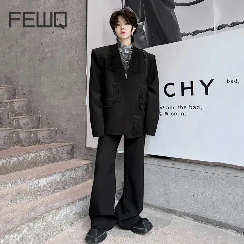 FEWQ-Spring-Men-s-Set-Solid-V-Neck-Concealed-Buckle-Patch-Decoration ...