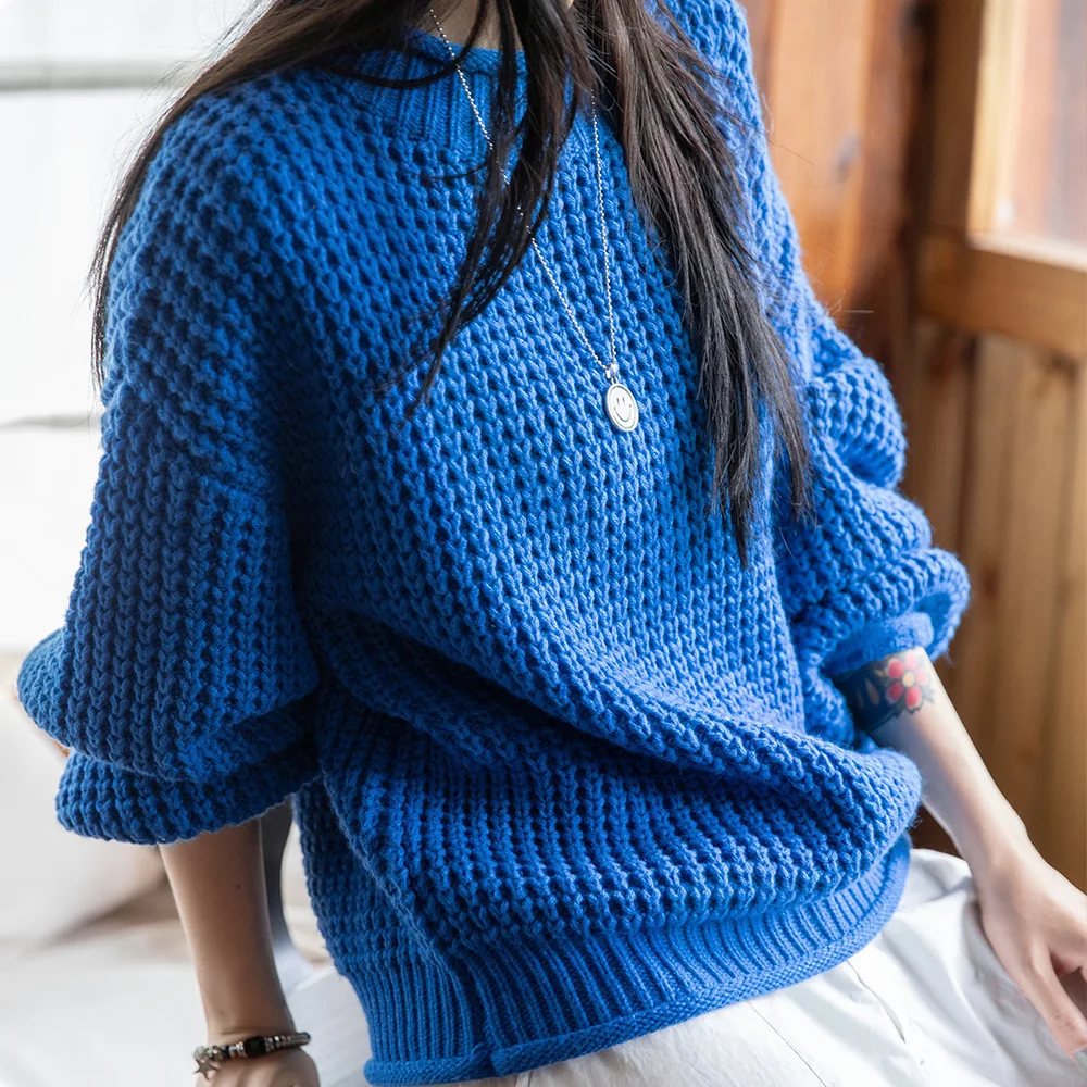 MADEN Women Cornflower Blue Knitted Sweater 2024 New Autumn Winter Long ...
