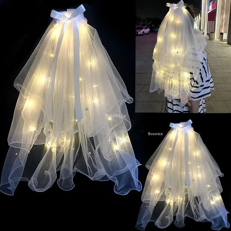 LED-Light-Glowing-Veil-Ribbon-Bow-Glitter-VeilTwo-Layers-Bridal-Wedding ...
