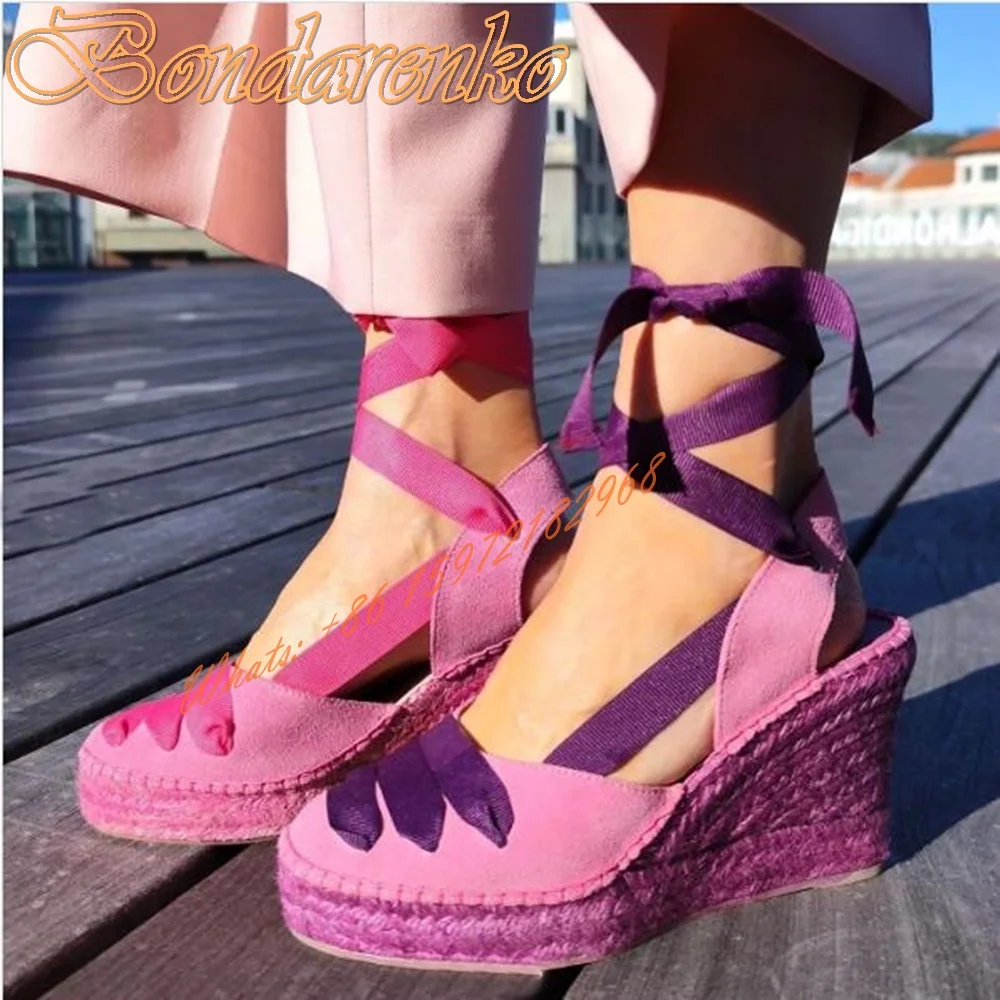 Suede Mixed Colors Pumps Thick Sole Wedges Lace Up Straps Round Toe ...