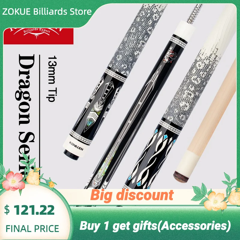 KONLLEN Billiard Pool Cue 13mm Tiger Everest Tip Canadian Maple Shaft ...