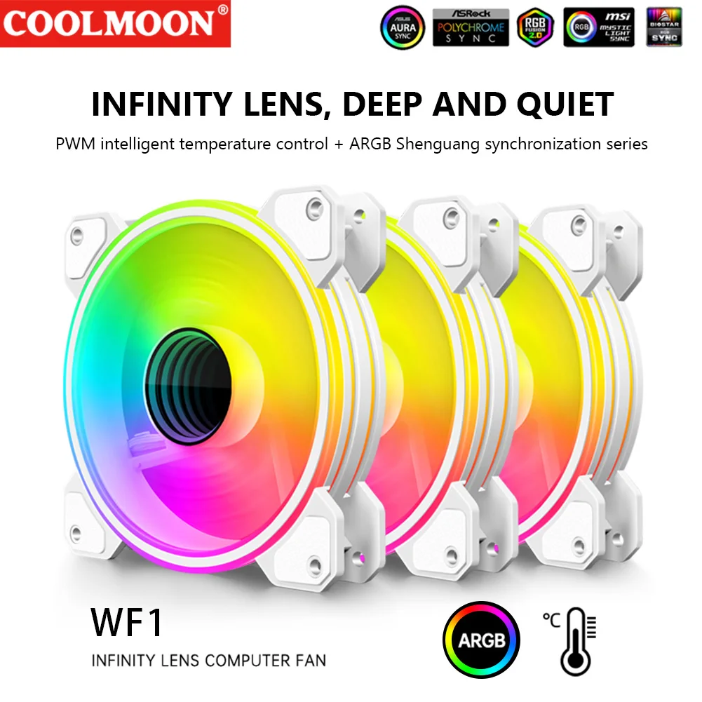 COOLMOON 120mm RGB 컴퓨터 섀시 냉각 팬, 소형 6 핀 조정 가능한 무음 RGB PC 케이스 방열판 5V DC ...