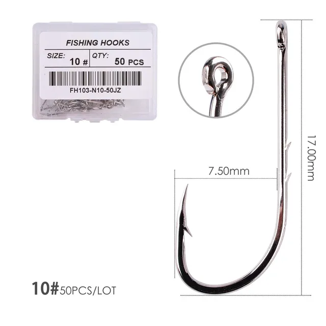 Aorace 50pcs/lot Long Shank Fishing Hook 1#-10# High Carbon Steel Sharp ...