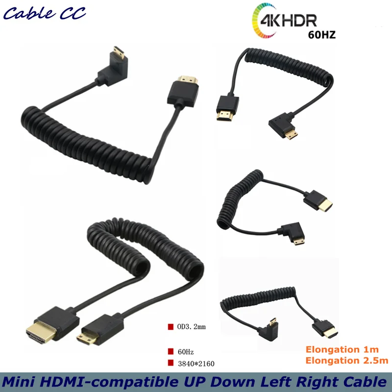 미니 HDMI to HDMI 호환 나선형 케이블, HDMI 2.0 to 90 도 미니 HDMI 스트레치 스프링 케이블, 4K * 2K @ 60HZ OD 3.2mm