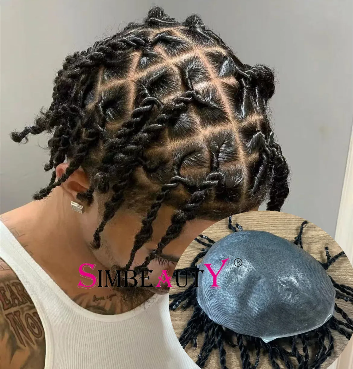 Black Men dreadlocks Human hair Microskin Full PU Based Wig Twist ...