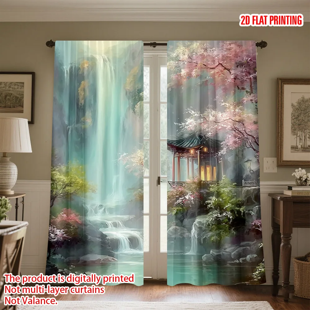 2pcs 2D flat printing Window Curtains mountain Durable Polyester ...