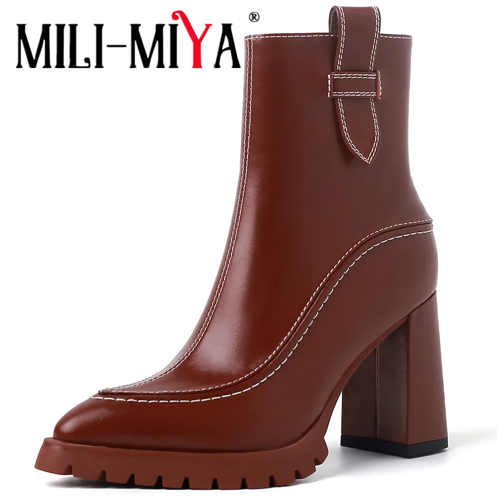 MILI-MIYA Genuine Leather Pointed Toe Short Boots Female New Square ...